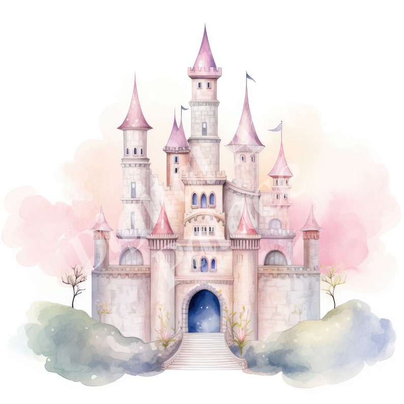 Princess Castle Clipart, Pastel Watercolor Castle Clipart, Jpgs ...