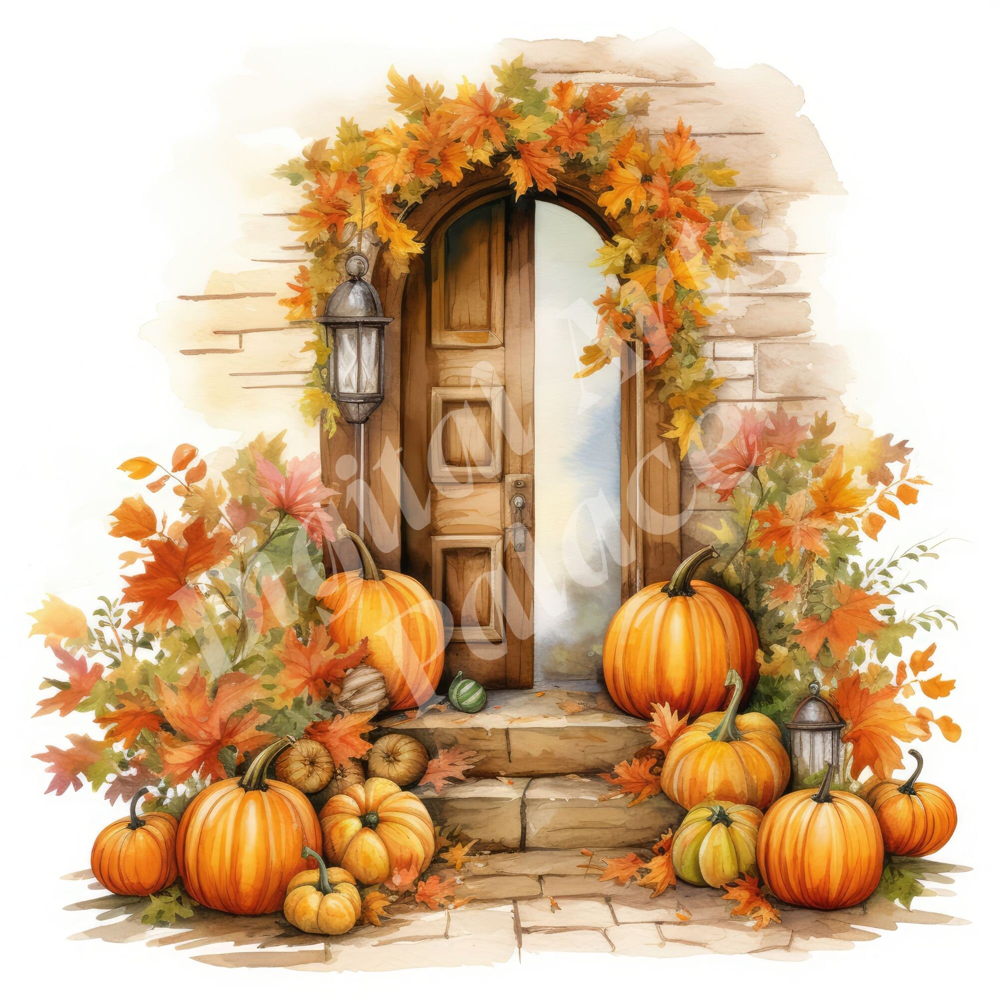 Pumpkin Door Clipart - Autumn Door Watercolor Clipart - Jpgs - Instant ...