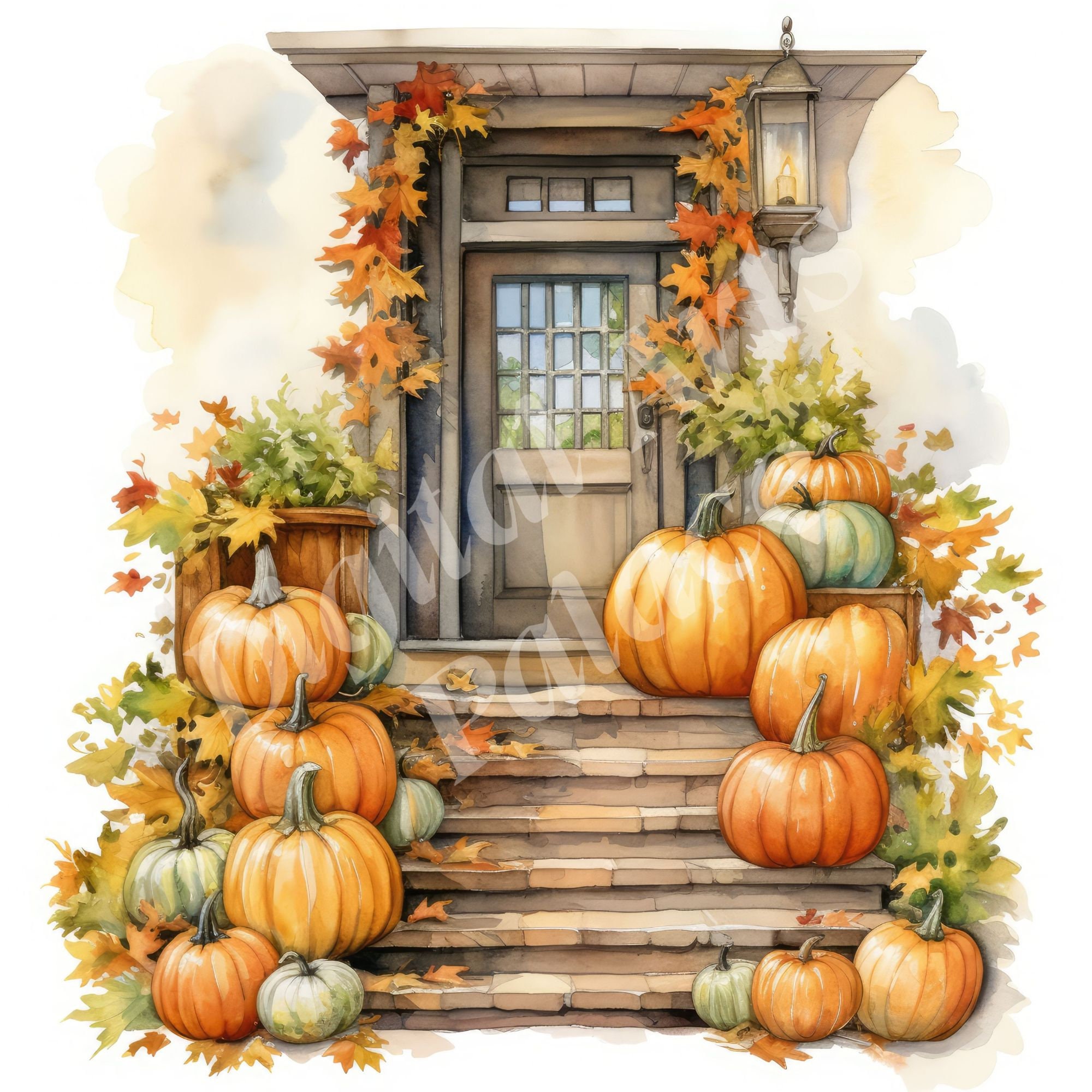 Pumpkin Door Clipart - Autumn Door Watercolor Clipart - Jpgs - Instant ...