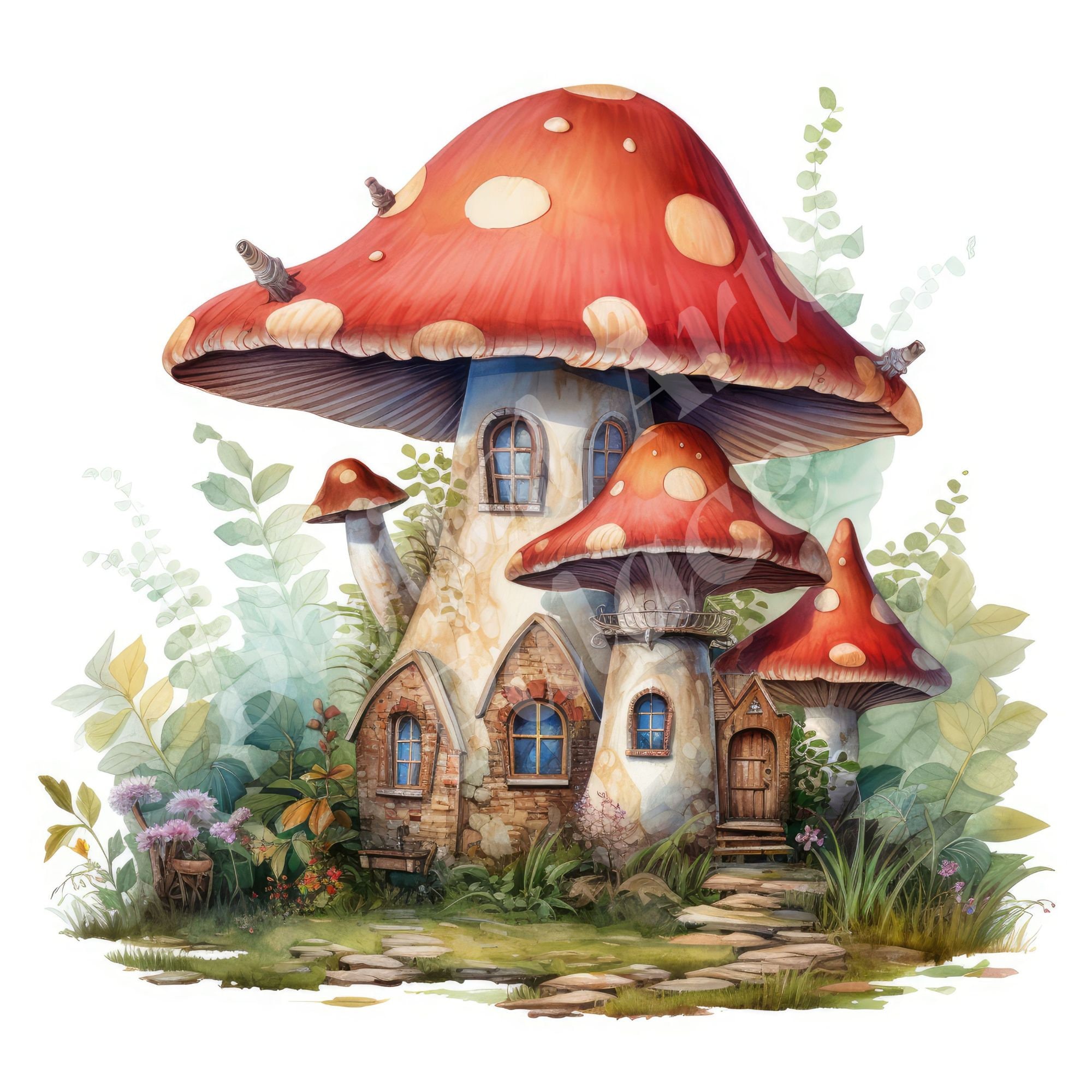 Toadstool House Clipart - Jpgs - Fantasy House Watercolor Clipart ...