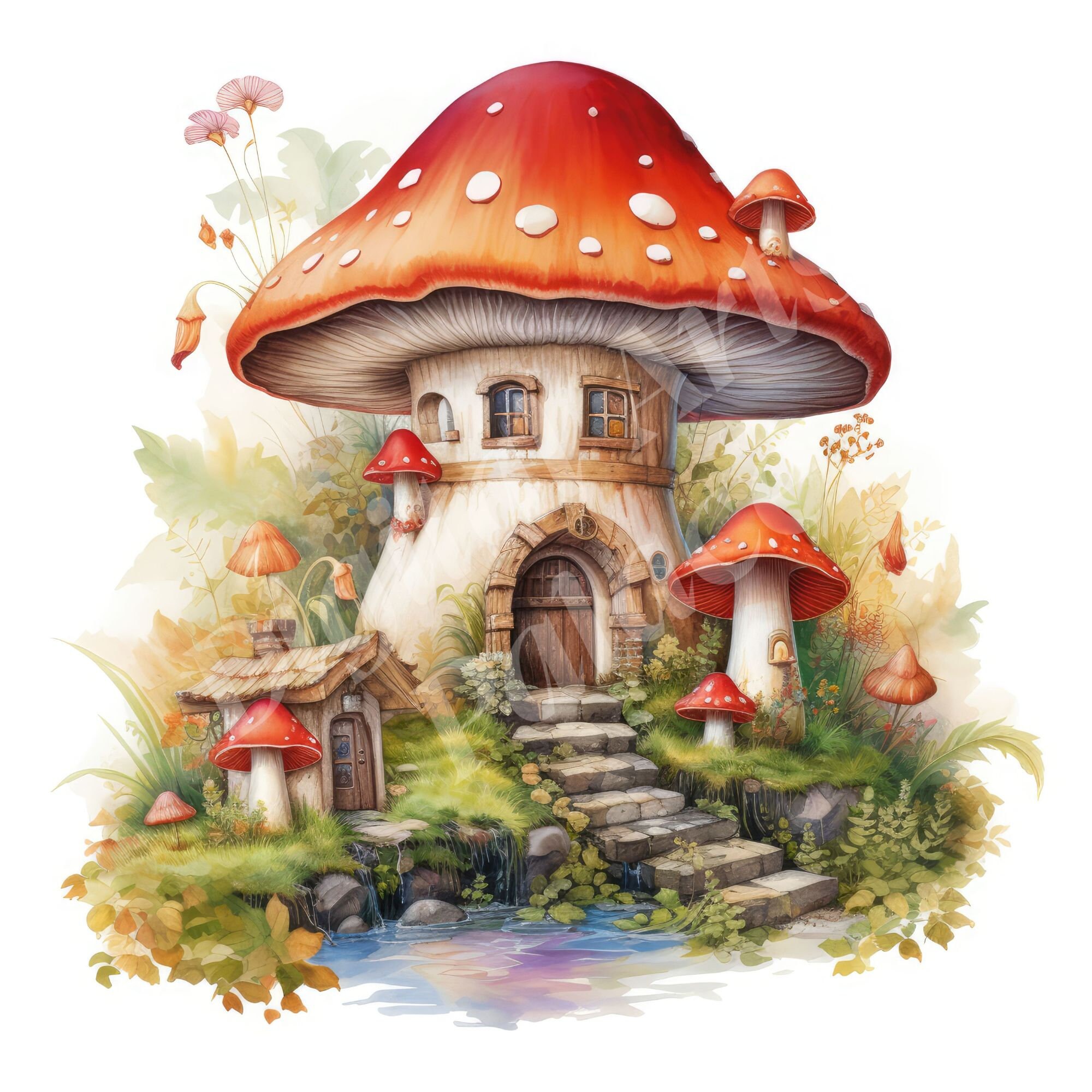 Toadstool House Clipart - Jpgs - Fantasy House Watercolor Clipart ...