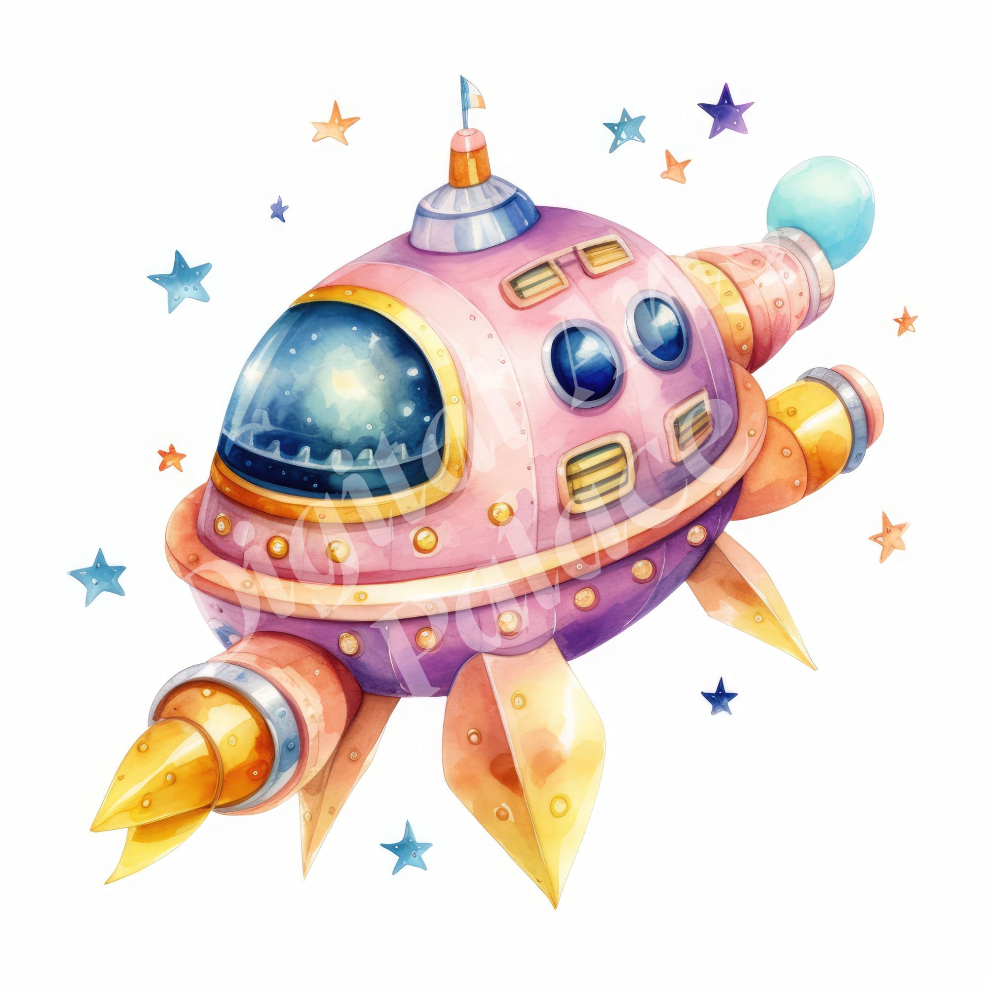 Cute Spaceship Clipart, Watercolor Spaceship Clipart, Jpgs, Instant ...