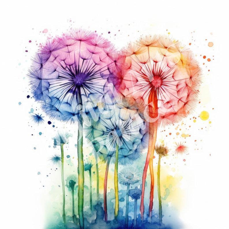 Dandelion Clipart Bundle Rainbow Watercolor Dandelion - Etsy