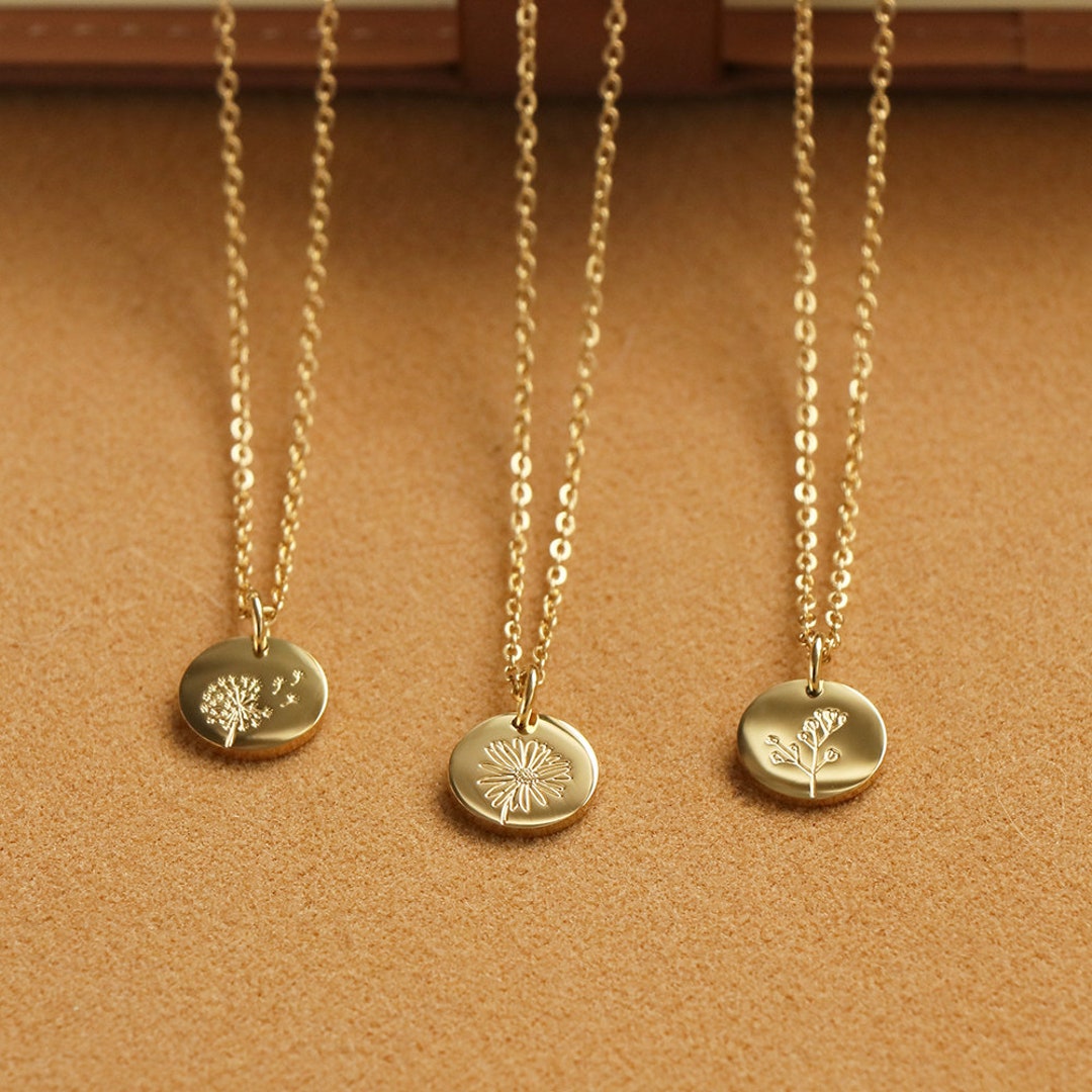 Personalized Birth Flower Disc Necklace, Month Initial Charm Necklace ...