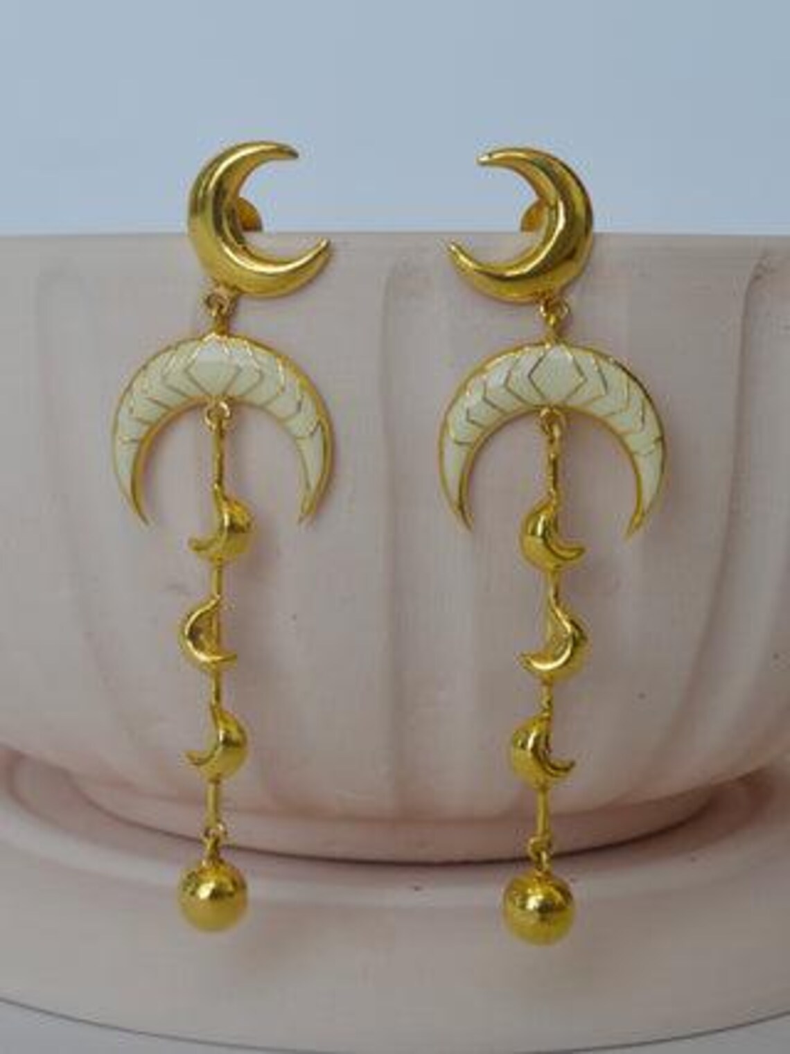 Luna Earrings, Moon-inspired Enameled Dangle Earrings, Brass With Gold Filled Earring, Handmade ...