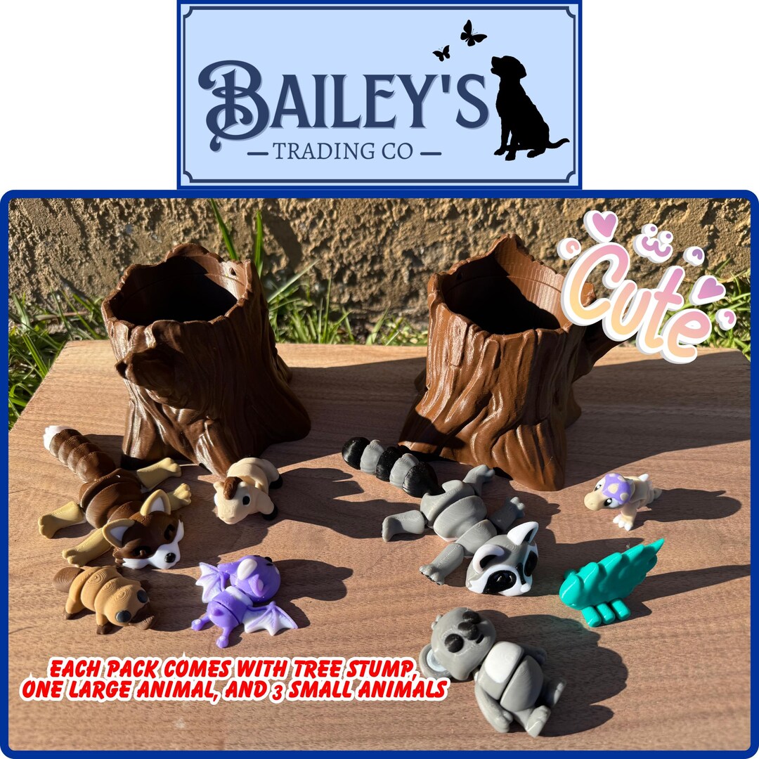 Mystery Tree Stump Flexi Animals Set - 3D Printed Toy - 1 Large & 3 ...