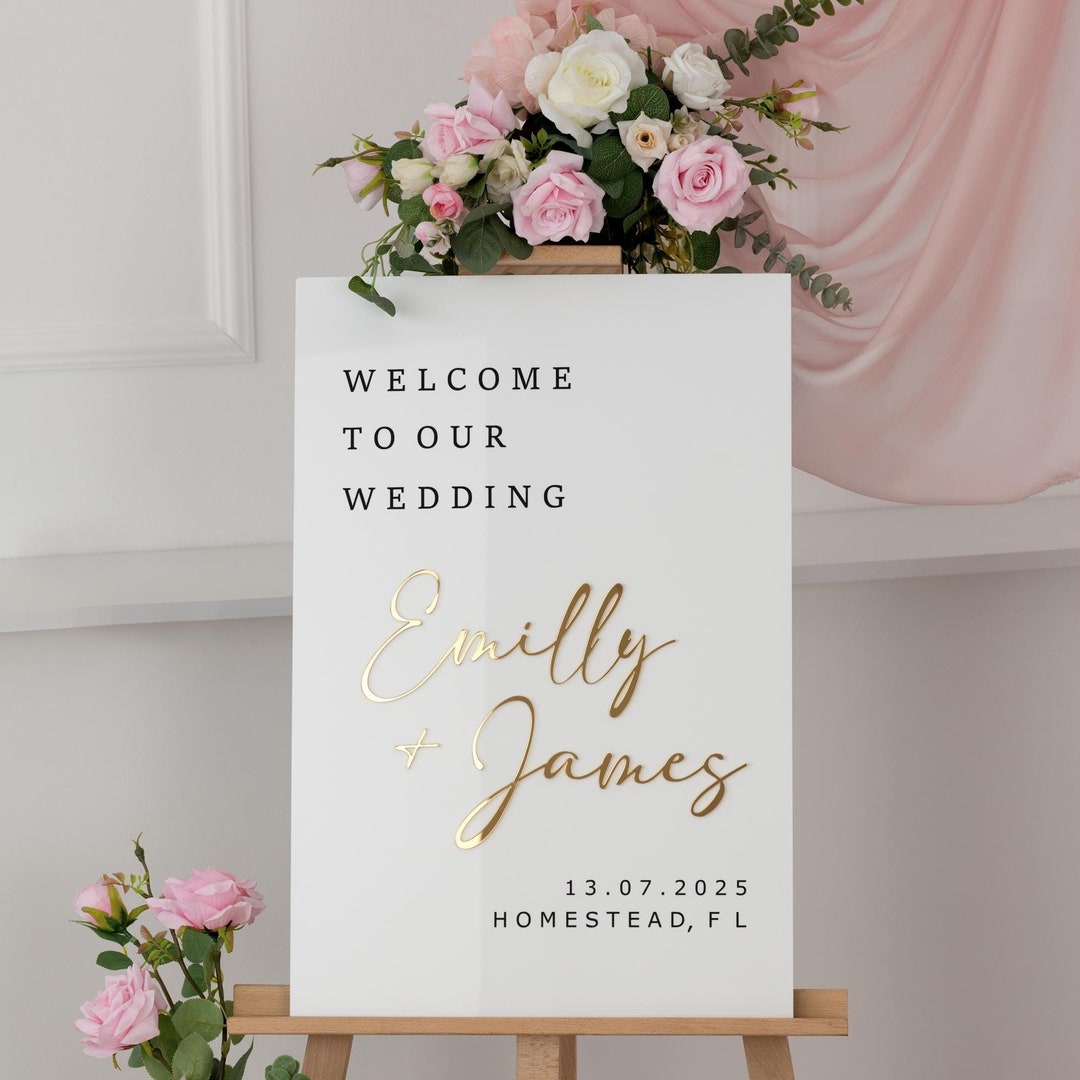 Wedding Sign- White Acrylic Wedding Sign With 3D Gold Mirror Names ...