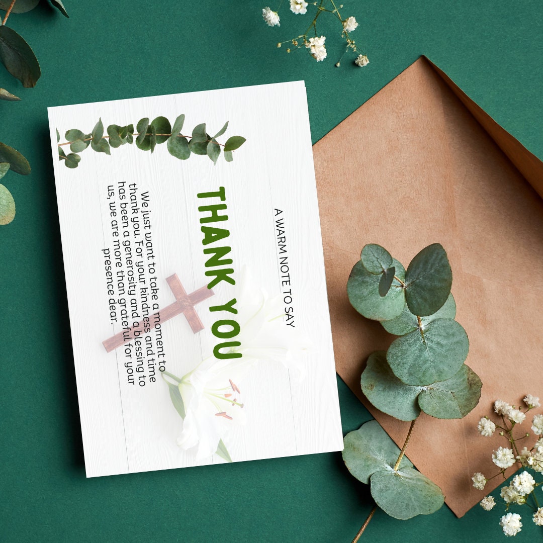 White and Green Christian Thank You Card-flower and Cross Theme ...