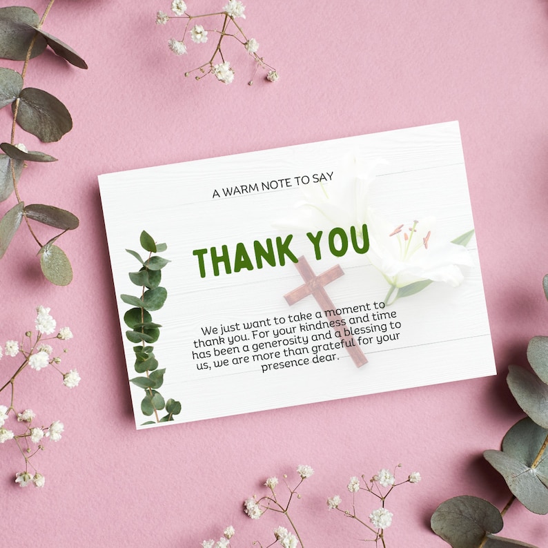 White and Green Christian Thank You Card-flower and Cross Theme ...