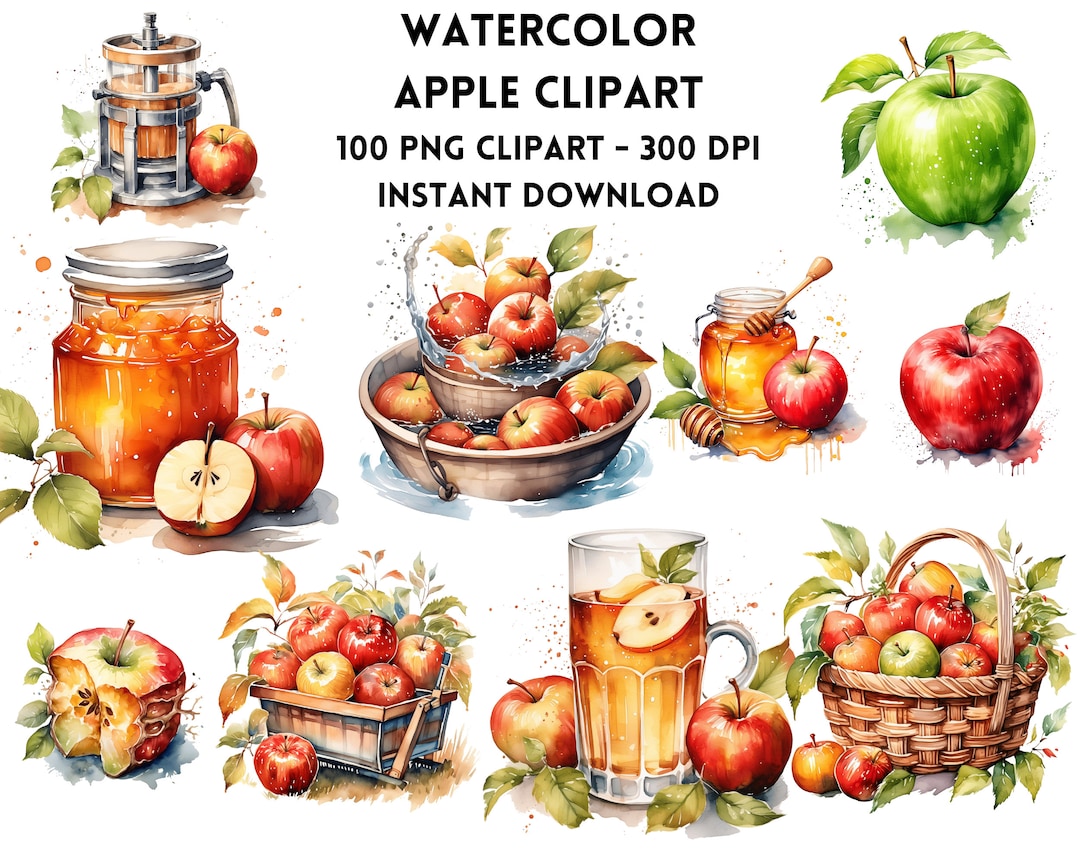 Watercolor Apple Clipart 100 PNG Files Bundle | High Resolution | PNG ...