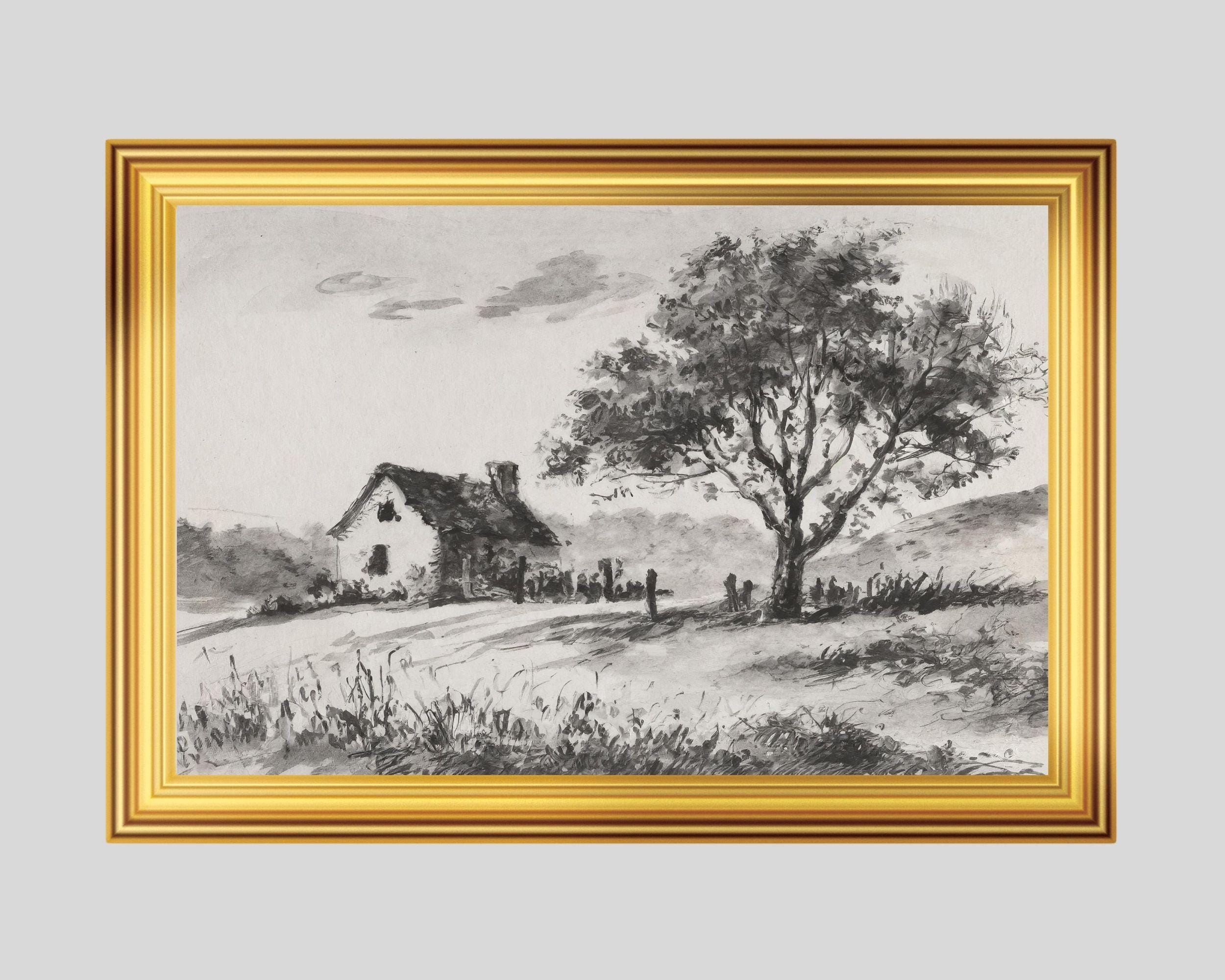 Pencil Sketch Landscape Art Printables - Set of 25 Scenery Wall Decor ...