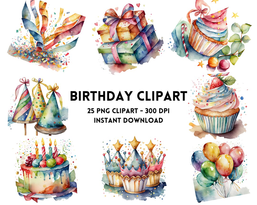 Watercolor Birthday Material Clipart 25 PNG Files | High Resolution ...