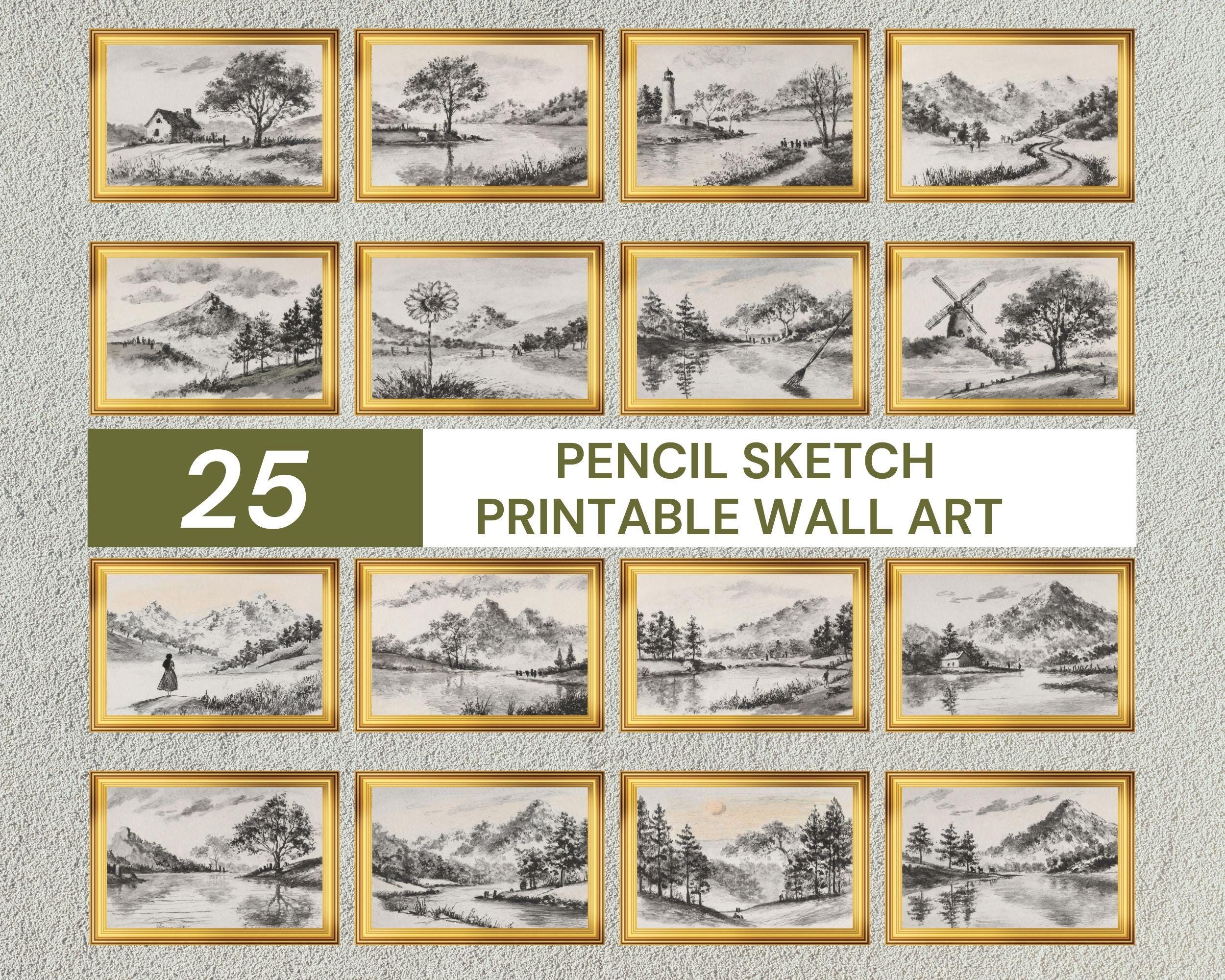 Pencil Sketch Landscape Art Printables - Set of 25 Scenery Wall Decor ...