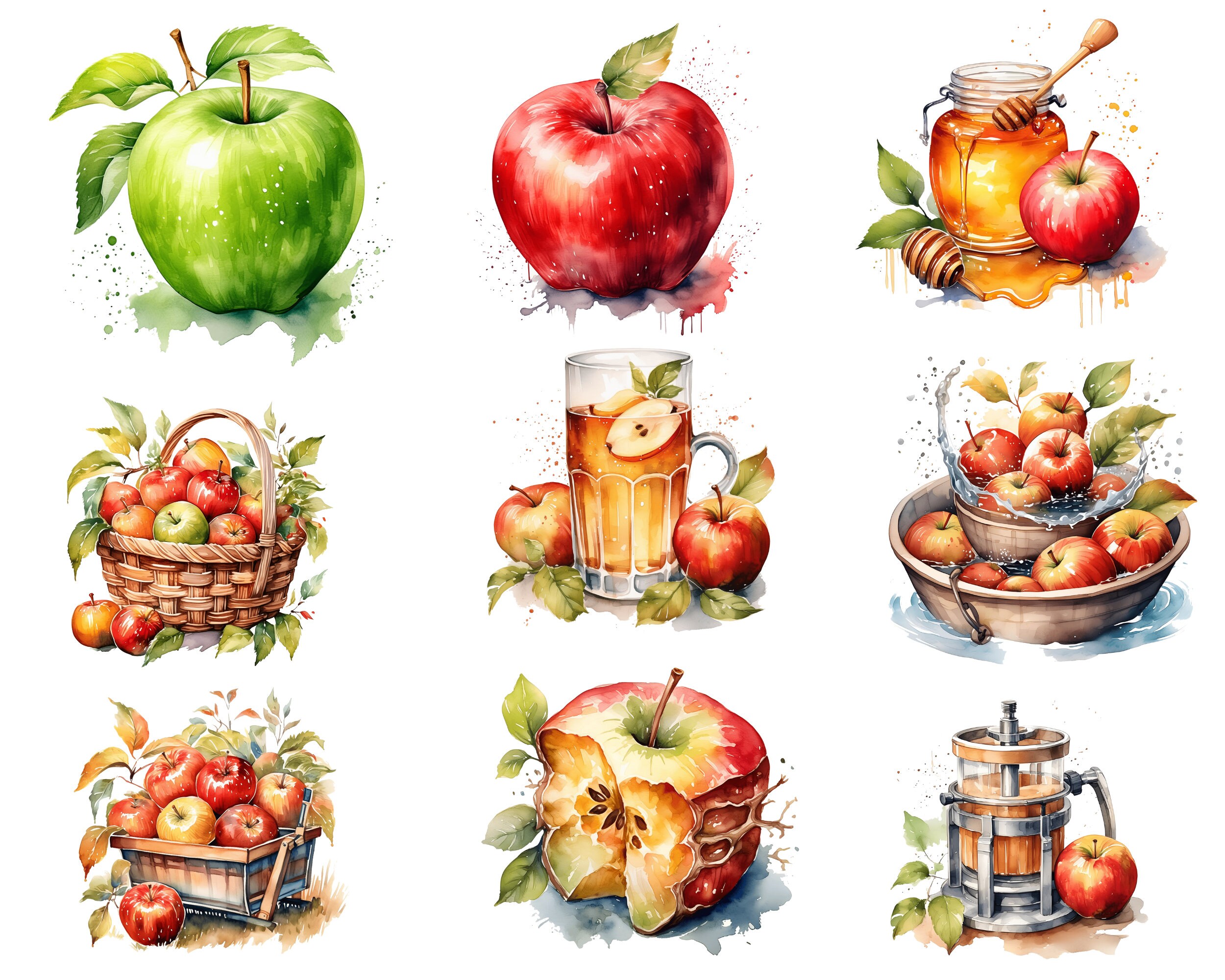 Watercolor Apple Clipart 100 PNG Files Bundle | High Resolution | PNG ...