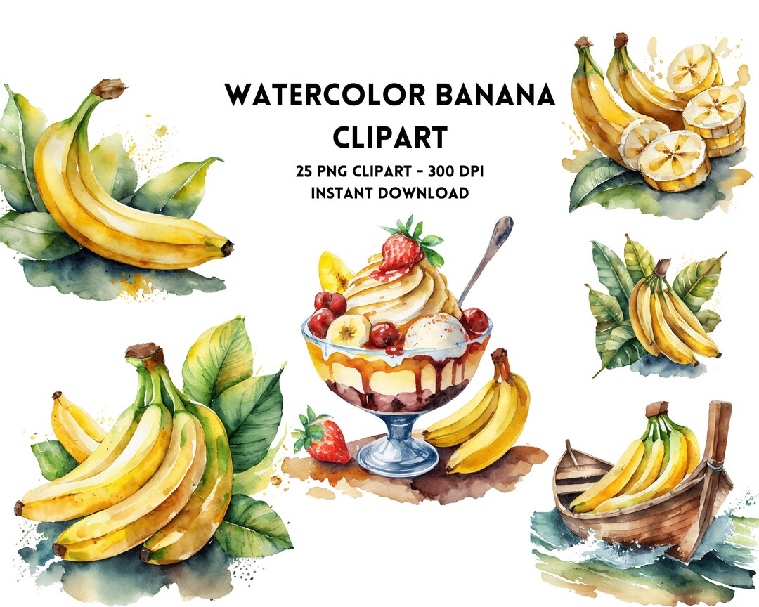 Watercolor Banana Clipart 25 PNG Files | High Resolution | Graphics ...