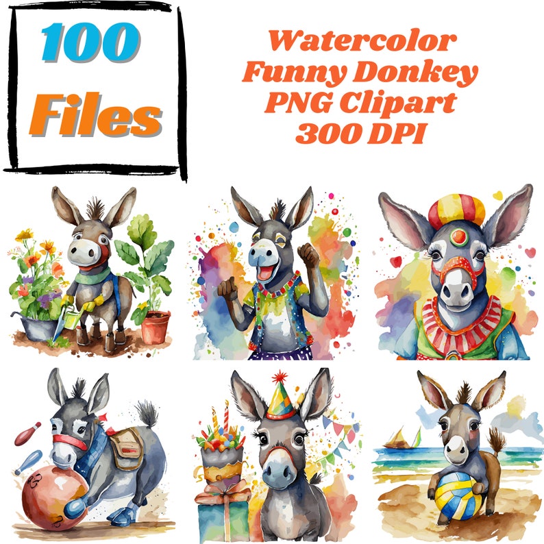 Watercolor Funny Donkey Clipart 100 PNG Files | High Resolution | Graphics | Bundle | Commercial ...