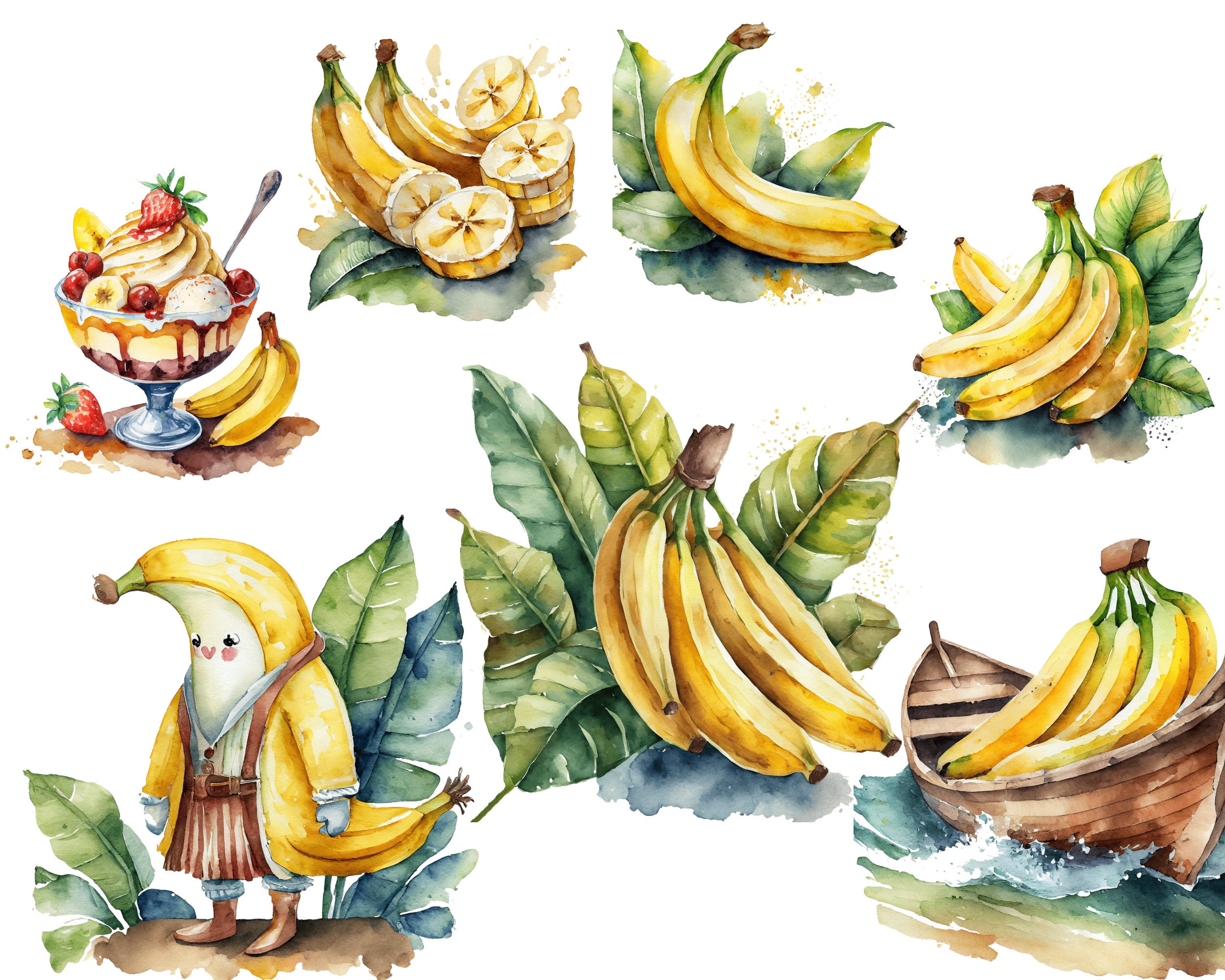 Watercolor Banana Clipart 25 PNG Files High Resolution Graphics Bundle ...