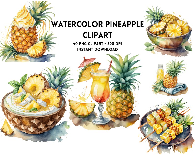 Watercolor Pineapple Clipart 40 PNG Files | High Resolution | Graphics ...
