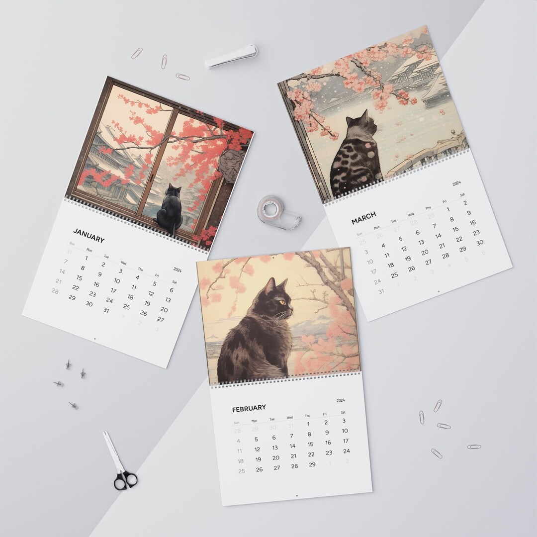 Sakura Cats 2024 Wall Calendar, Cherry Blossom Monthly Calendar ...