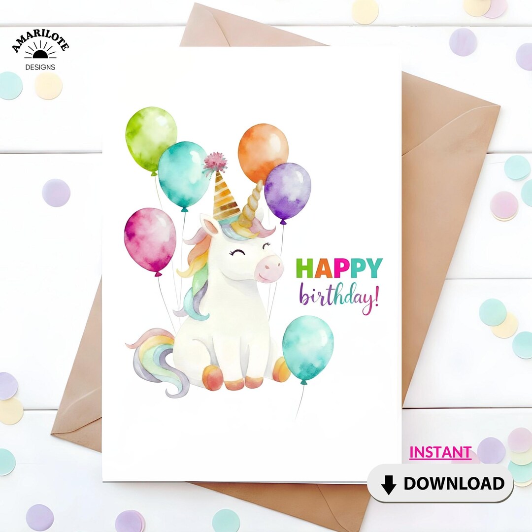 Printable Unicorn Birthday Card: Watercolor Rainbow, Magical Party ...