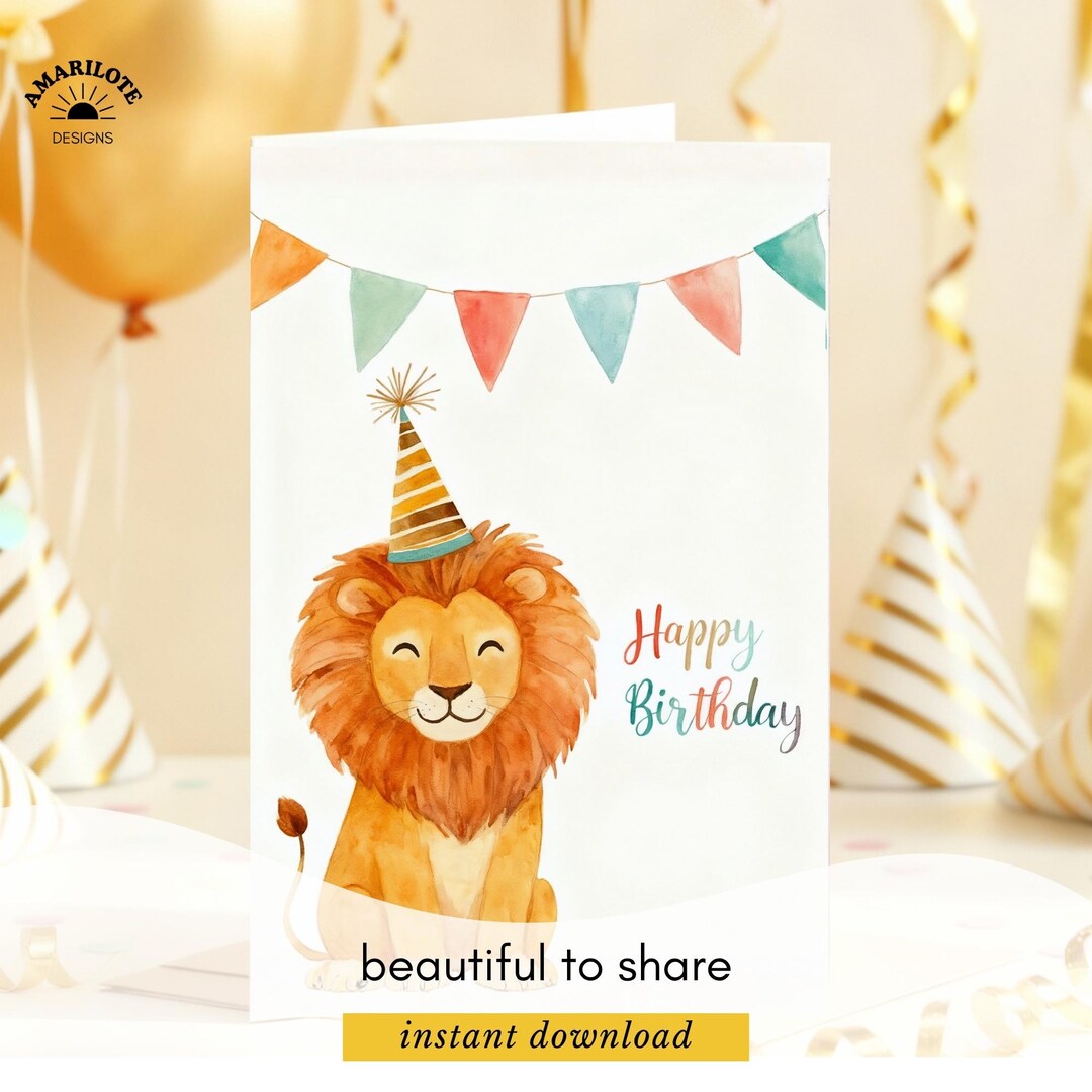 Printable Lion Birthday Card: Watercolor Safari Animal (digital ...