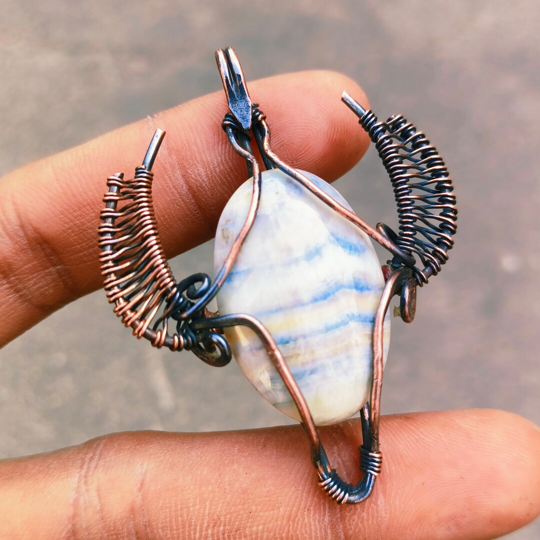 Blue Scheelite Pendant Copper Wire Wrapped Pendant Handmade Copper Wire ...