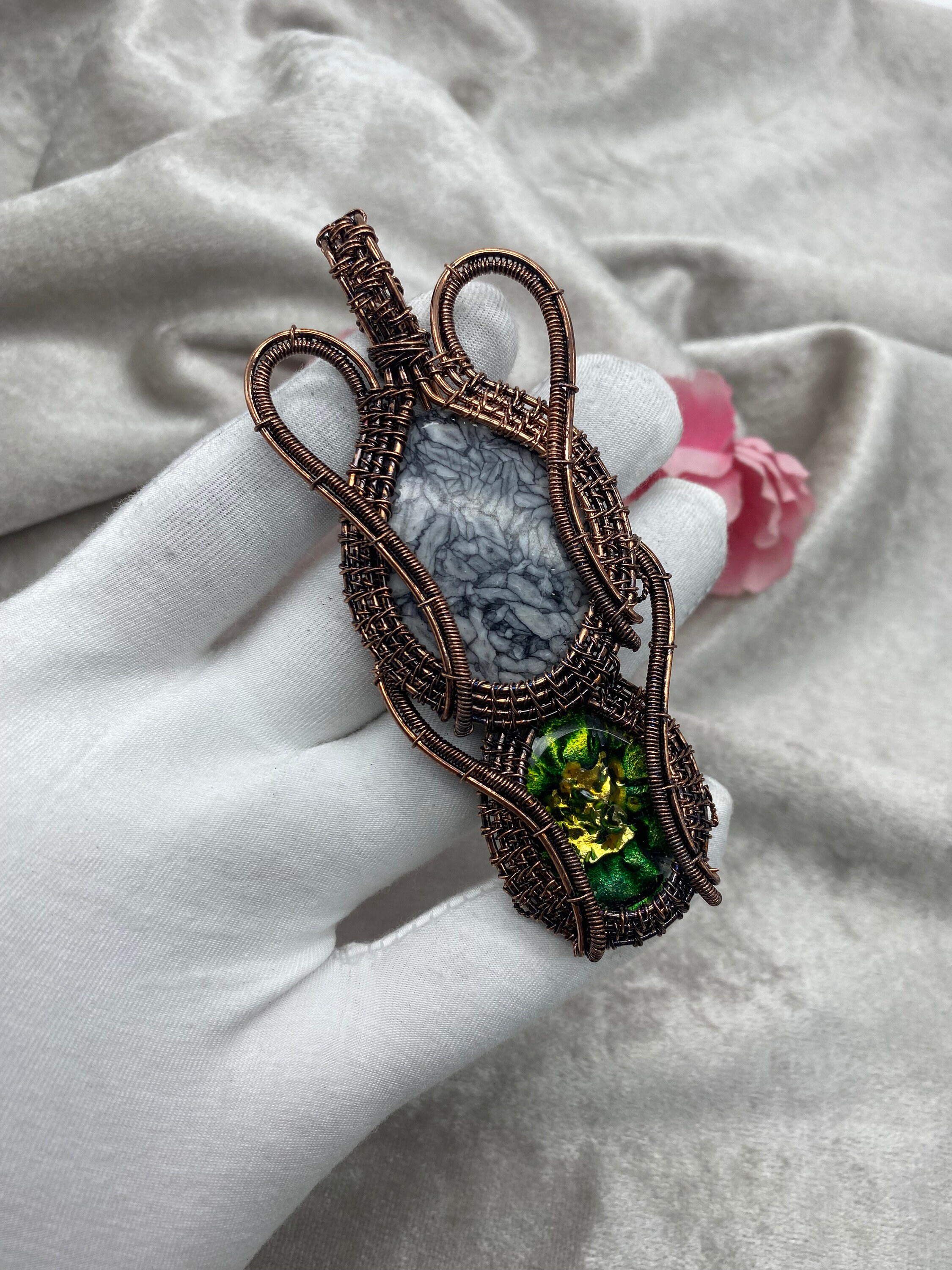 Pinolith Jasper Pendant Copper Wire Wrapped Pendant Baltic Amber ...