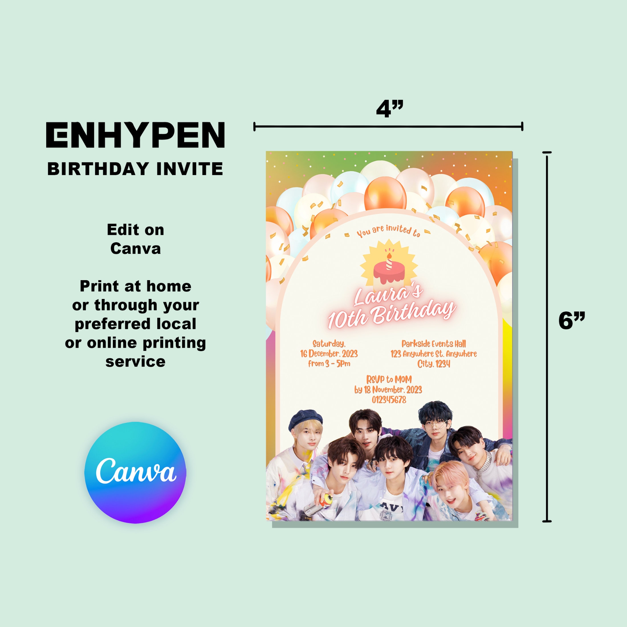Printable Enhypen Birthday Invitation, Digital Kpop Party Invite ...