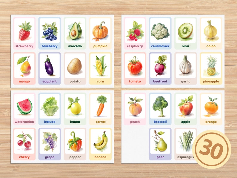 30 FRUITS and VEGETABLES Flashcards for Kids Printable Flashcards ...