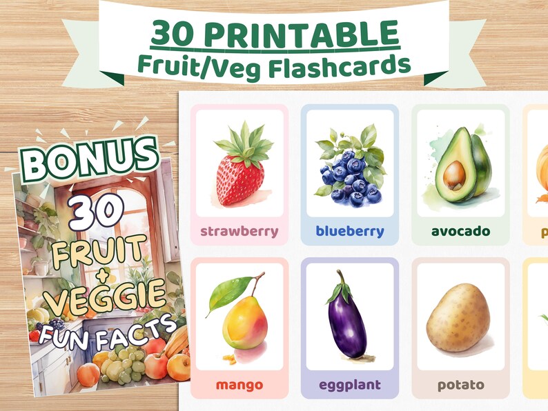30 FRUITS and VEGETABLES Flashcards for Kids | Printable Flashcards ...