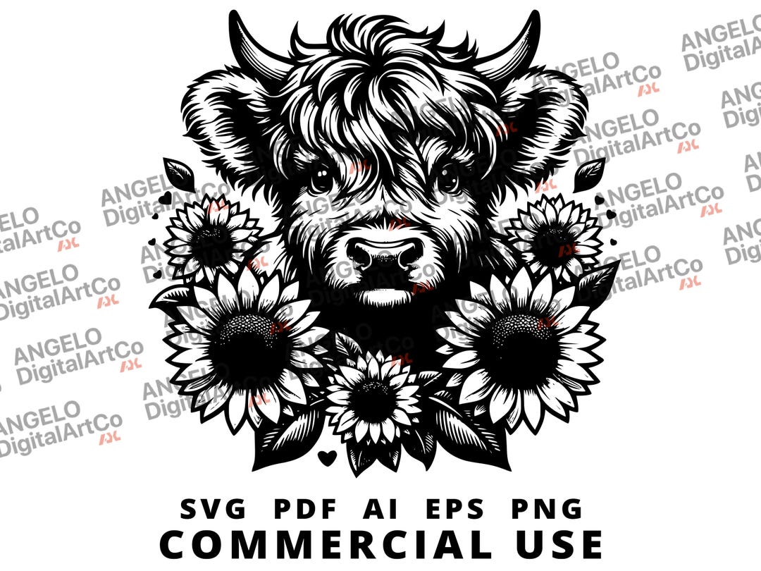 Highland Cow Sunflower SVG, Clipart Vector, Farm Animal Design (PNG ...