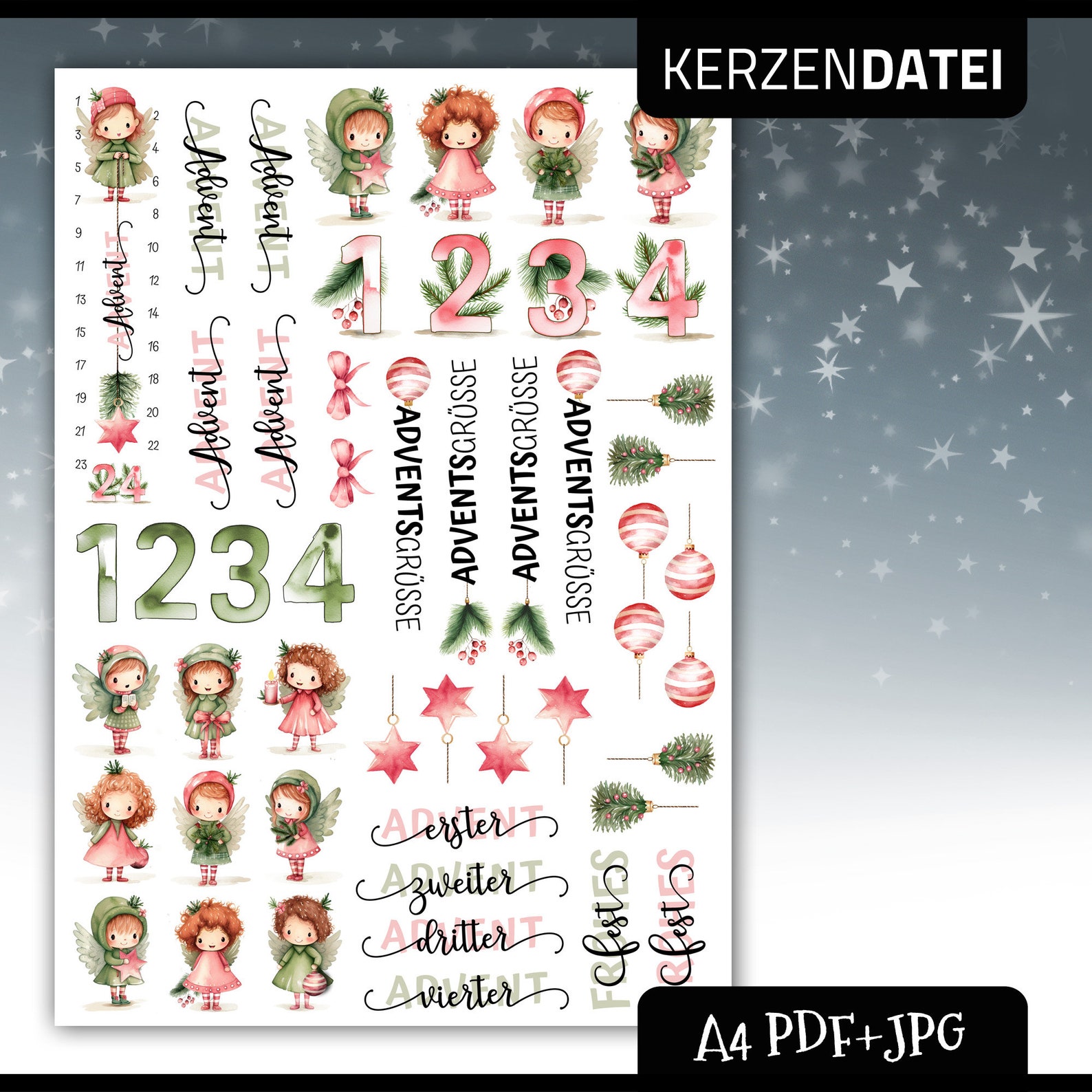 Candle File Advent Cute Angels Pink Green Christmas - Etsy