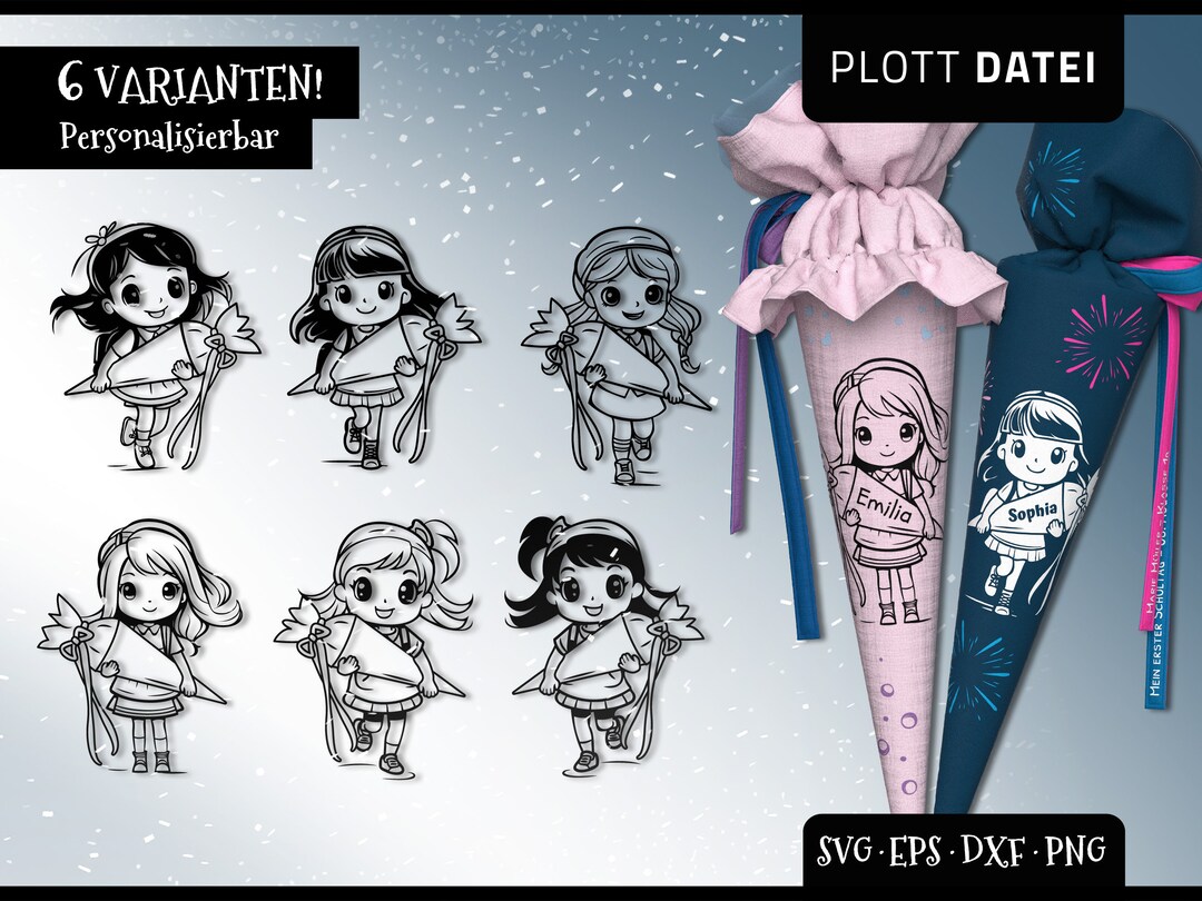 Plotterdatei Schulanfang Schultüte Mädchen Einschulung Schulstart SVG DXF EPS Cricut ...