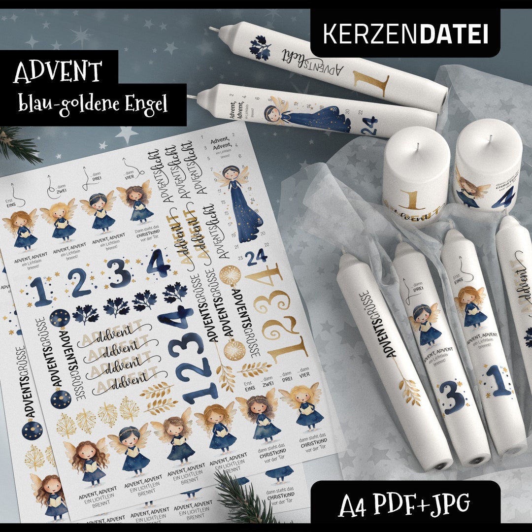 Candle File Advent Cute Angels Blue Gold, Christmas Water Slide Film ...