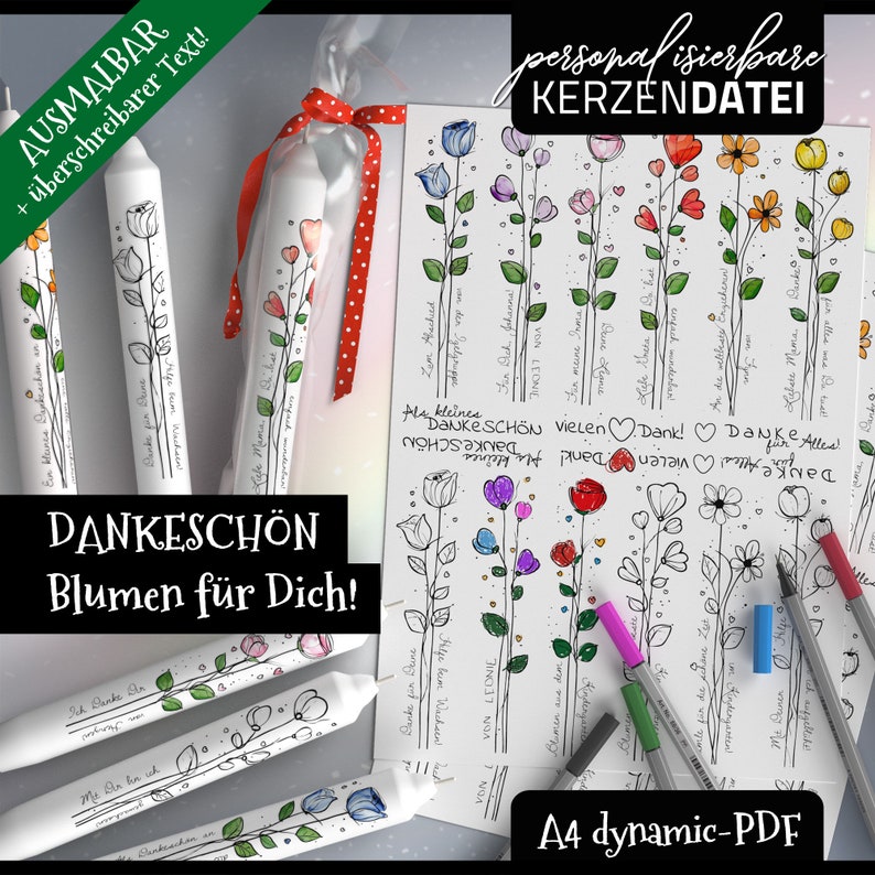 PERSONALIZABLE Candle File THANKS FLOWERS for You, Colorable, Candle ...