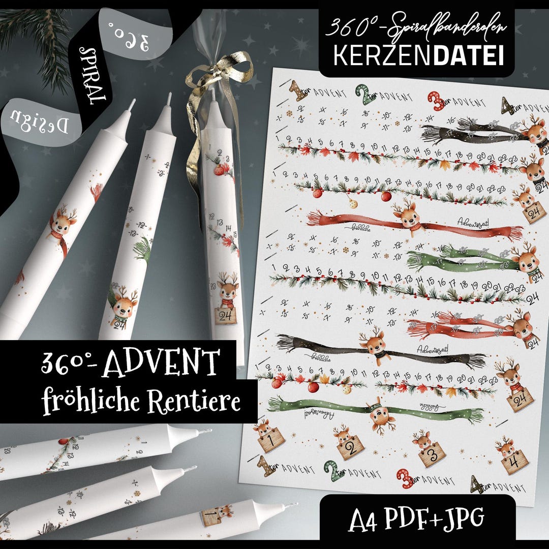 360 Degree Candle File ADVENT REINDEER, Calendar Candles, Spiral ...