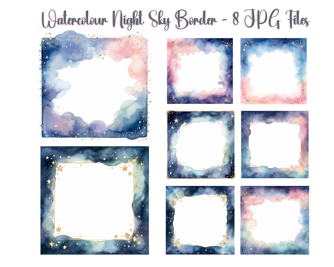 Watercolour Magical Night Sky Border Frames, Celestial Clipart JPG for ...