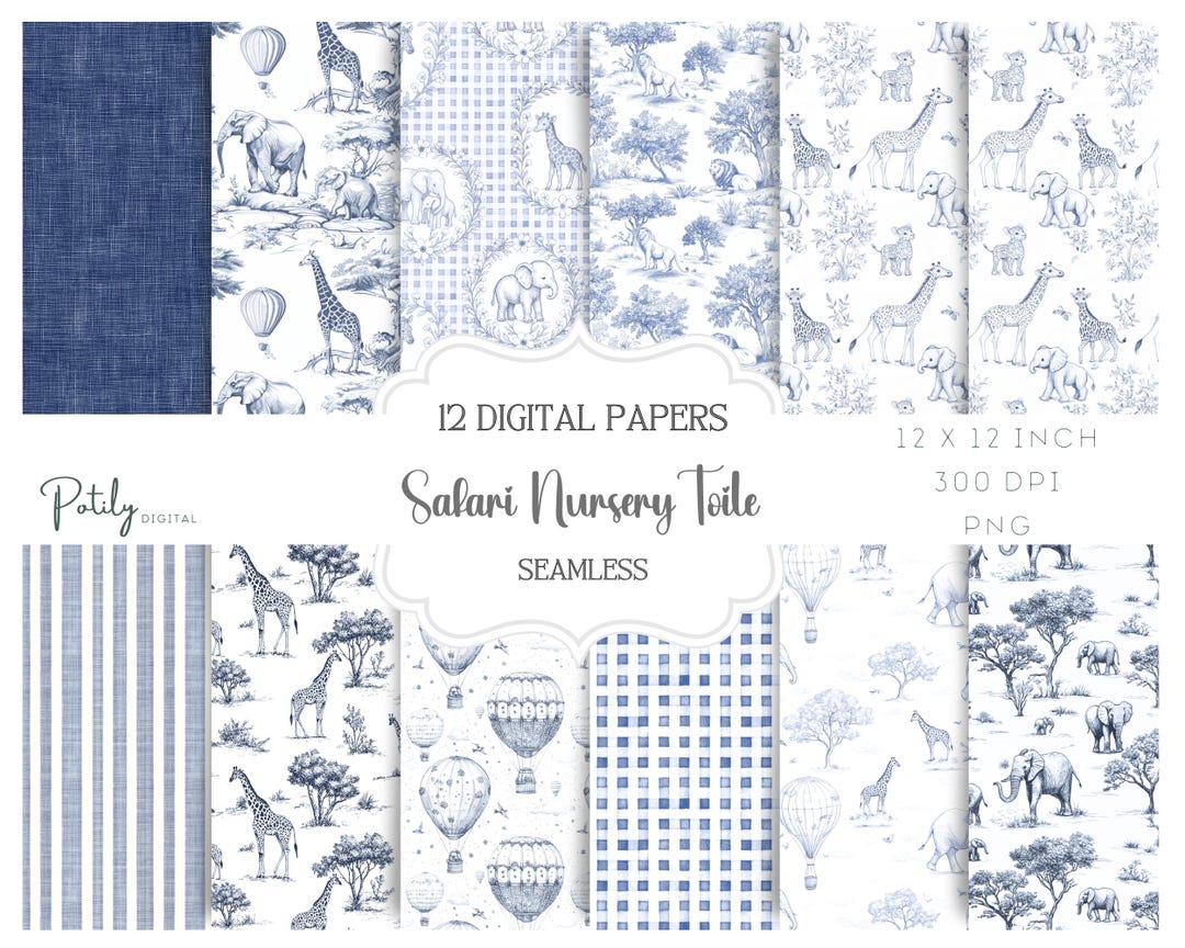 Safari Toile De Jouy Nursery Seamless Pattern Bundle, 12 Digital Paper ...