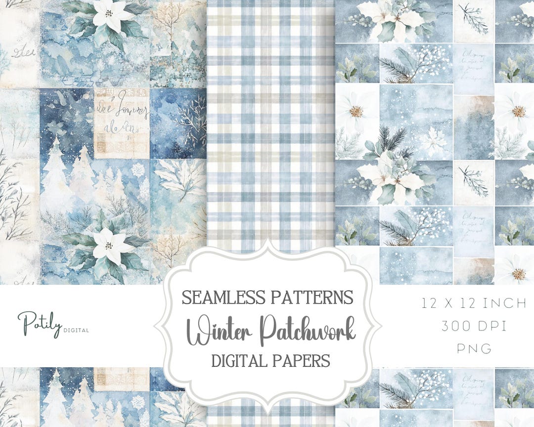 Winter Patchwork Seamless Digital Papers, Blue Gingham and Floral ...