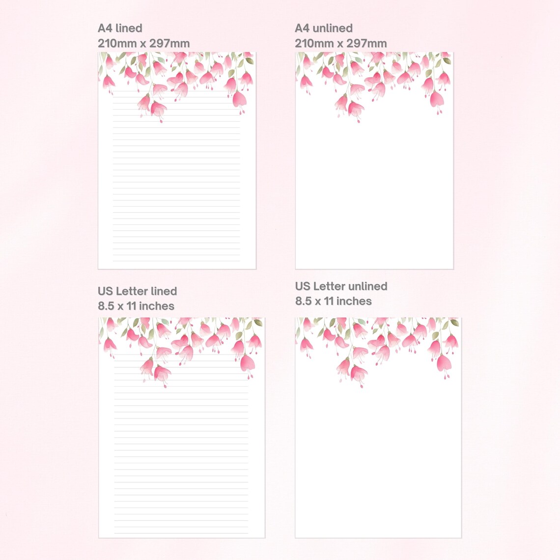 Printable Stationery Letter Writing Paper, Watercolour Florals, Lined ...