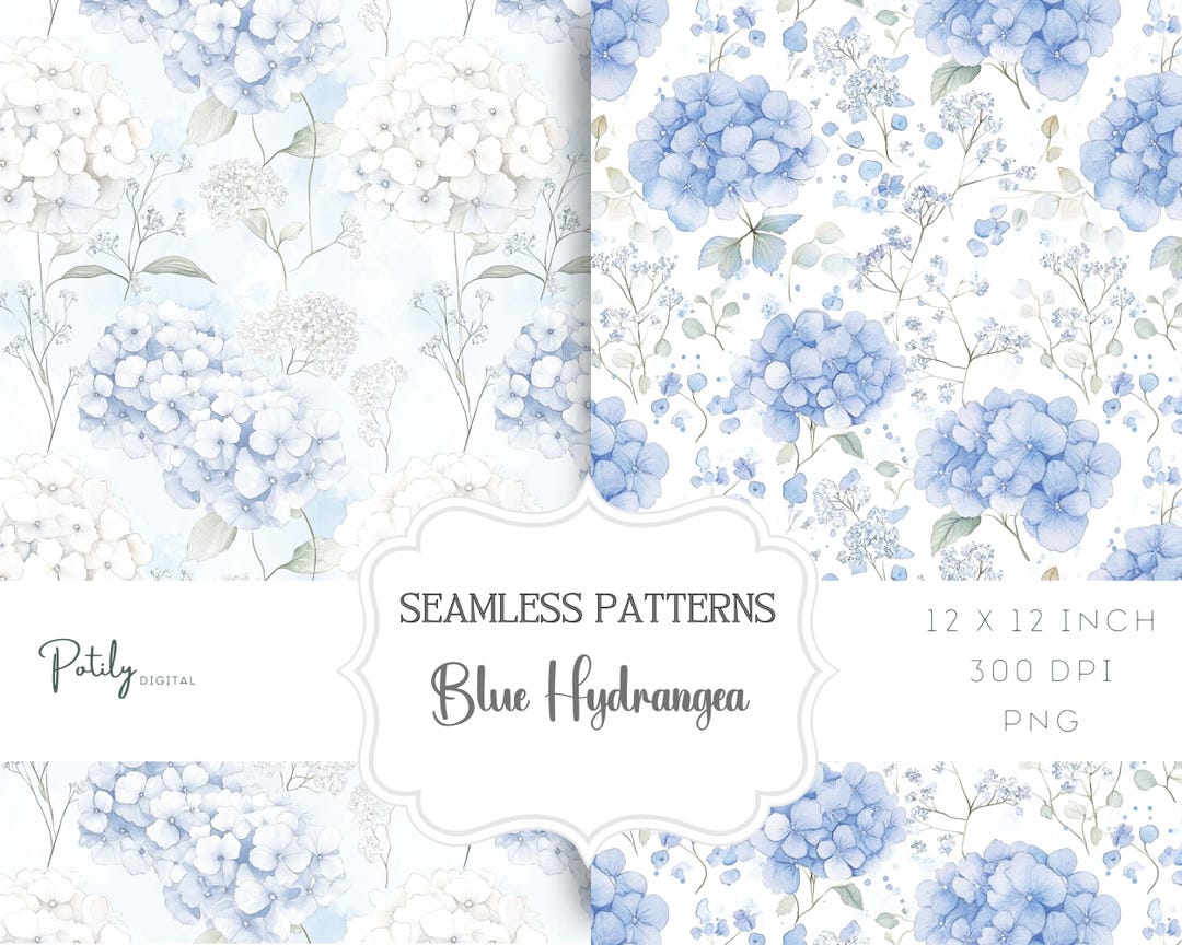 Seamless Pattern Pack, Blue Hydrangea Design - Watercolour Floral ...
