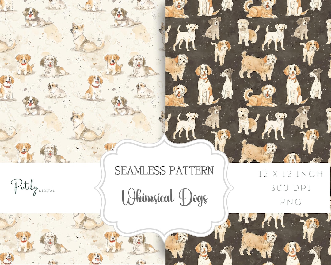 Cute Dogs Seamless Background Watercolour Chinoiserie, Instant Digital ...