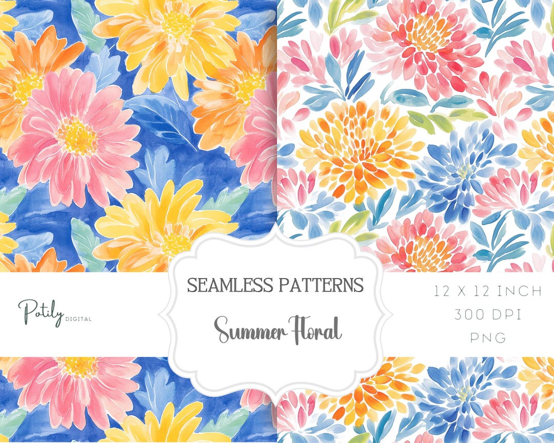 Water Color Summer Seamless Pattern Pack, Floral Backgrounds, Bold ...