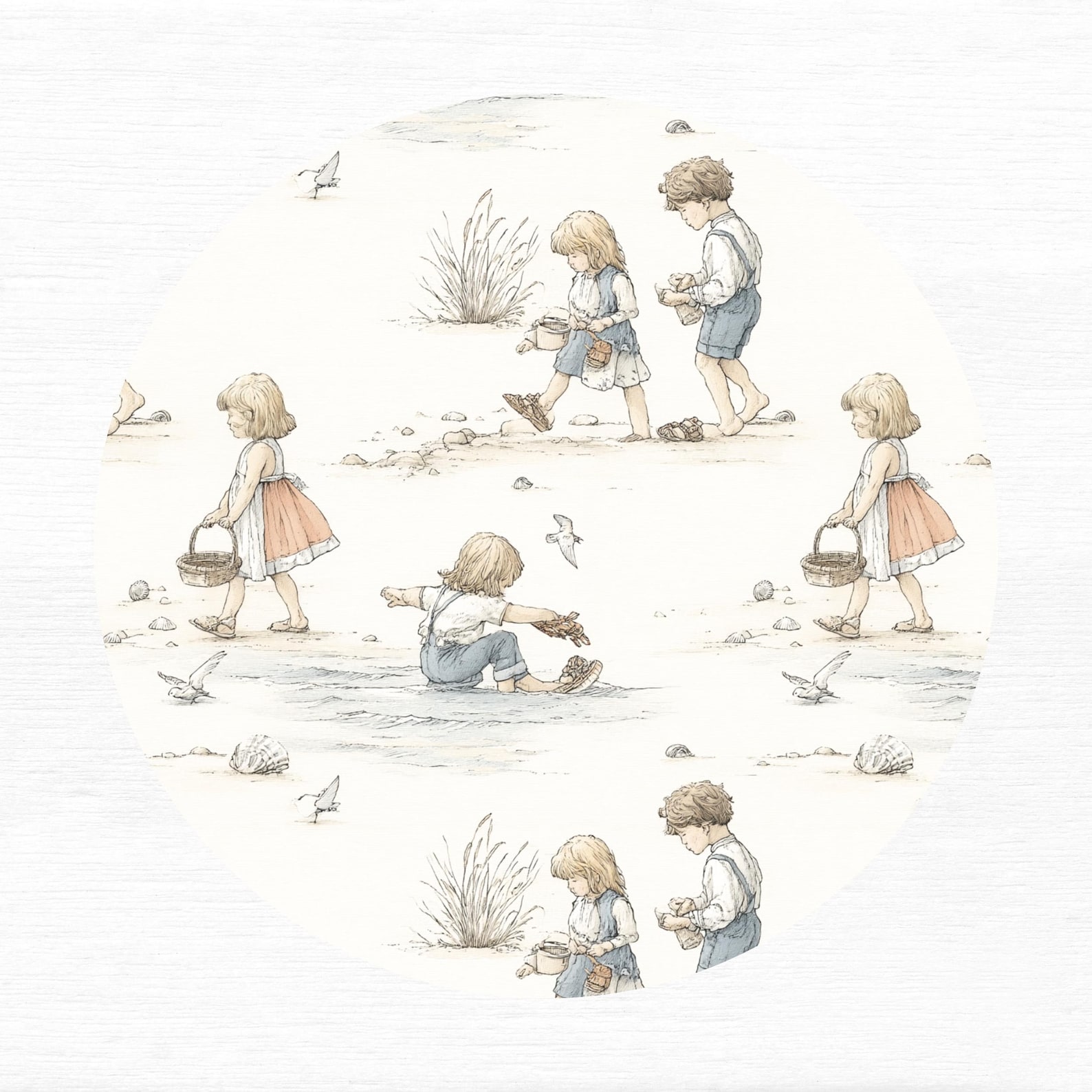 Toile-inspired Seamless Pattern – Summer Beach Scene With Children in ...