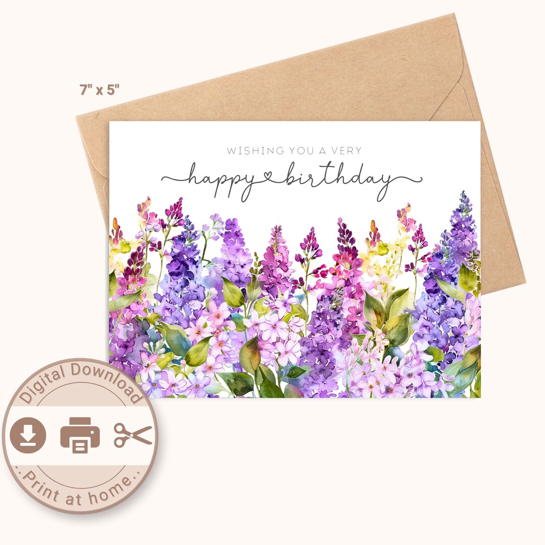 Printable Happy Birthday Card, Watercolour Purple Lilacs, Digital ...
