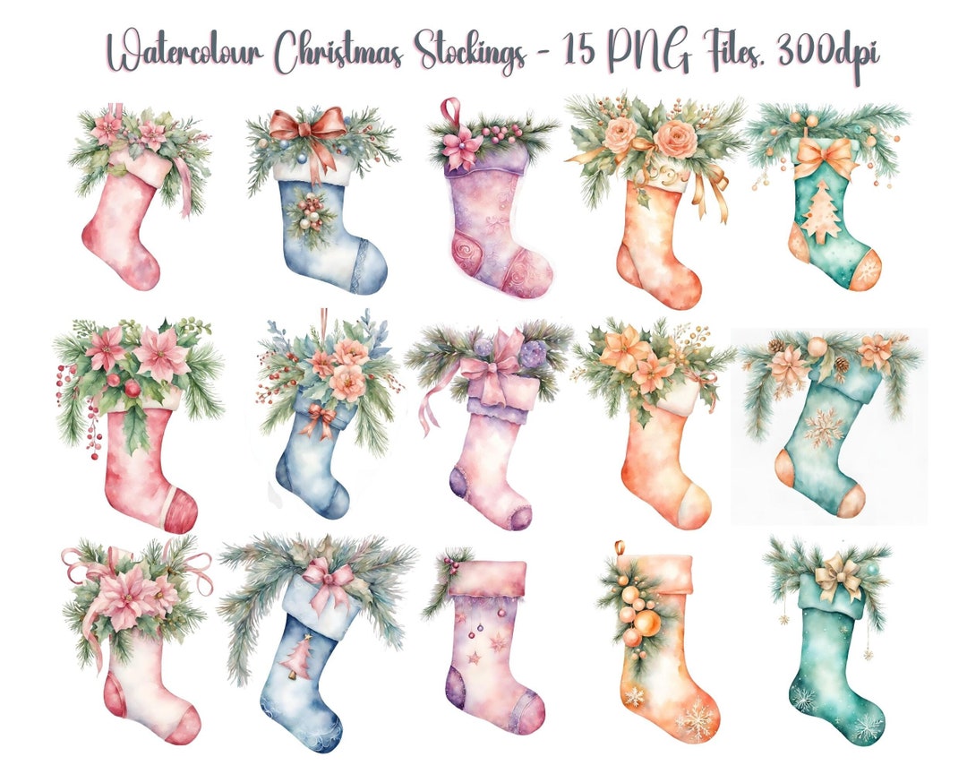 Watercolor Christmas Stockings Clipart, 15 Png's, Digital Crafting ...