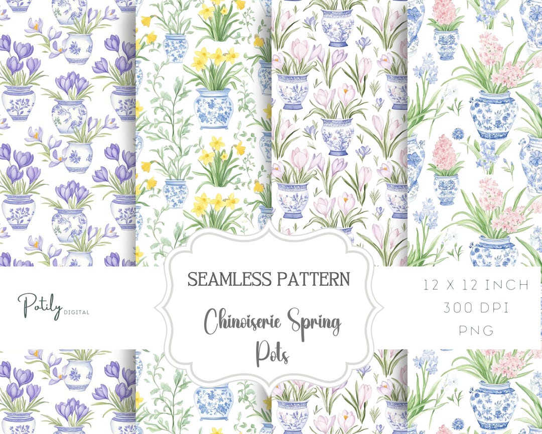 Chinoiserie Toile Spring Floral Seamless Pattern Bundle, Spring Flowers ...