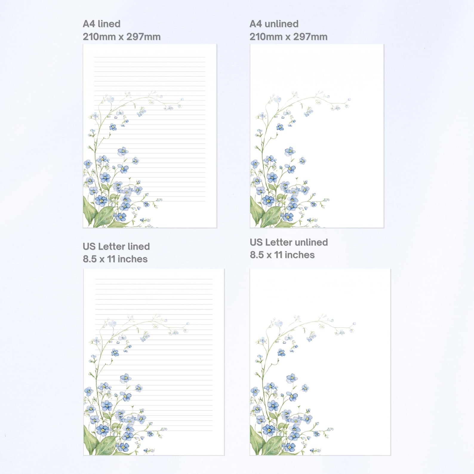 Printable Forget-me-not Wildflower Paper Stationery Lined Letter and ...