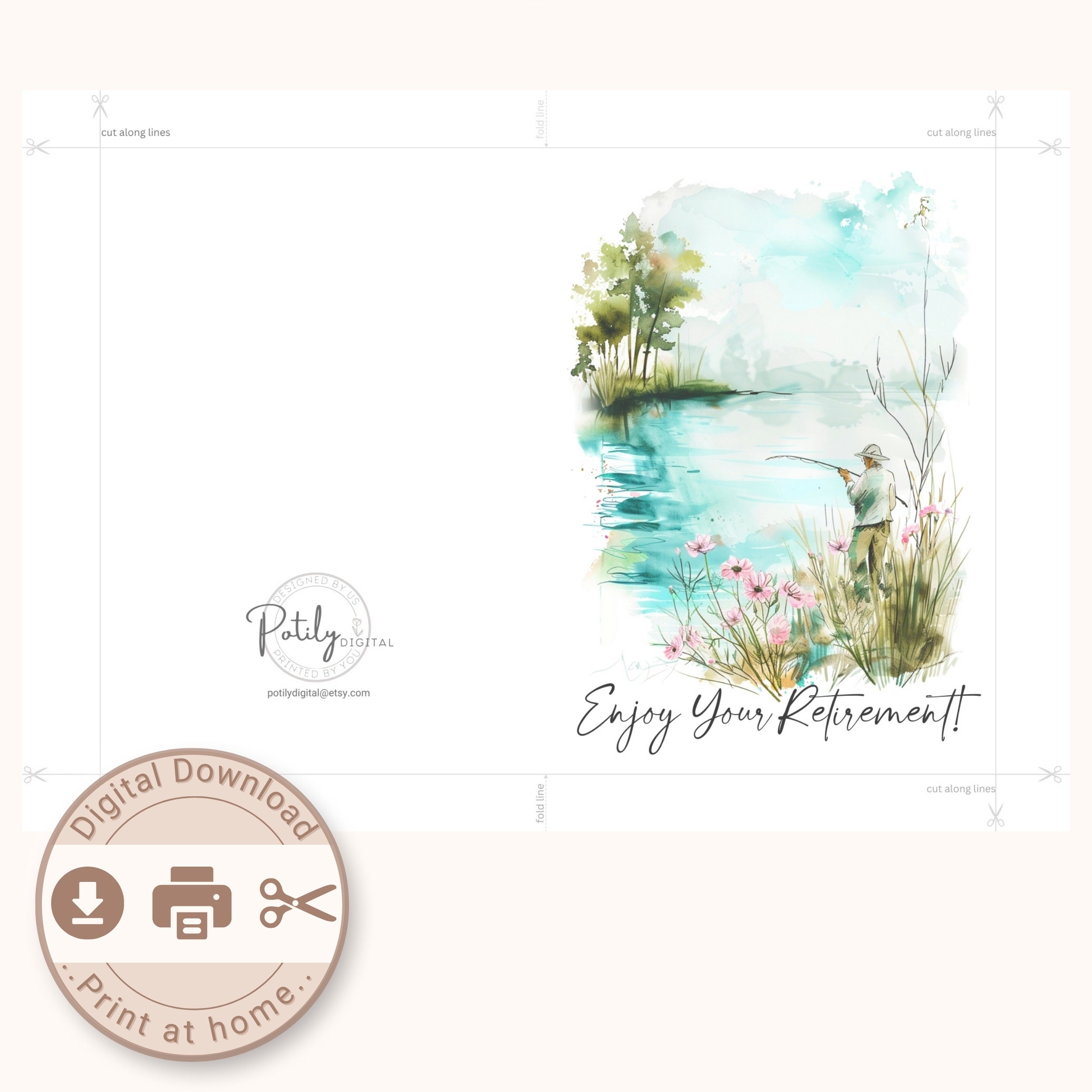Printable Retirement Card, Printable Watercolour Fishing, Digital ...