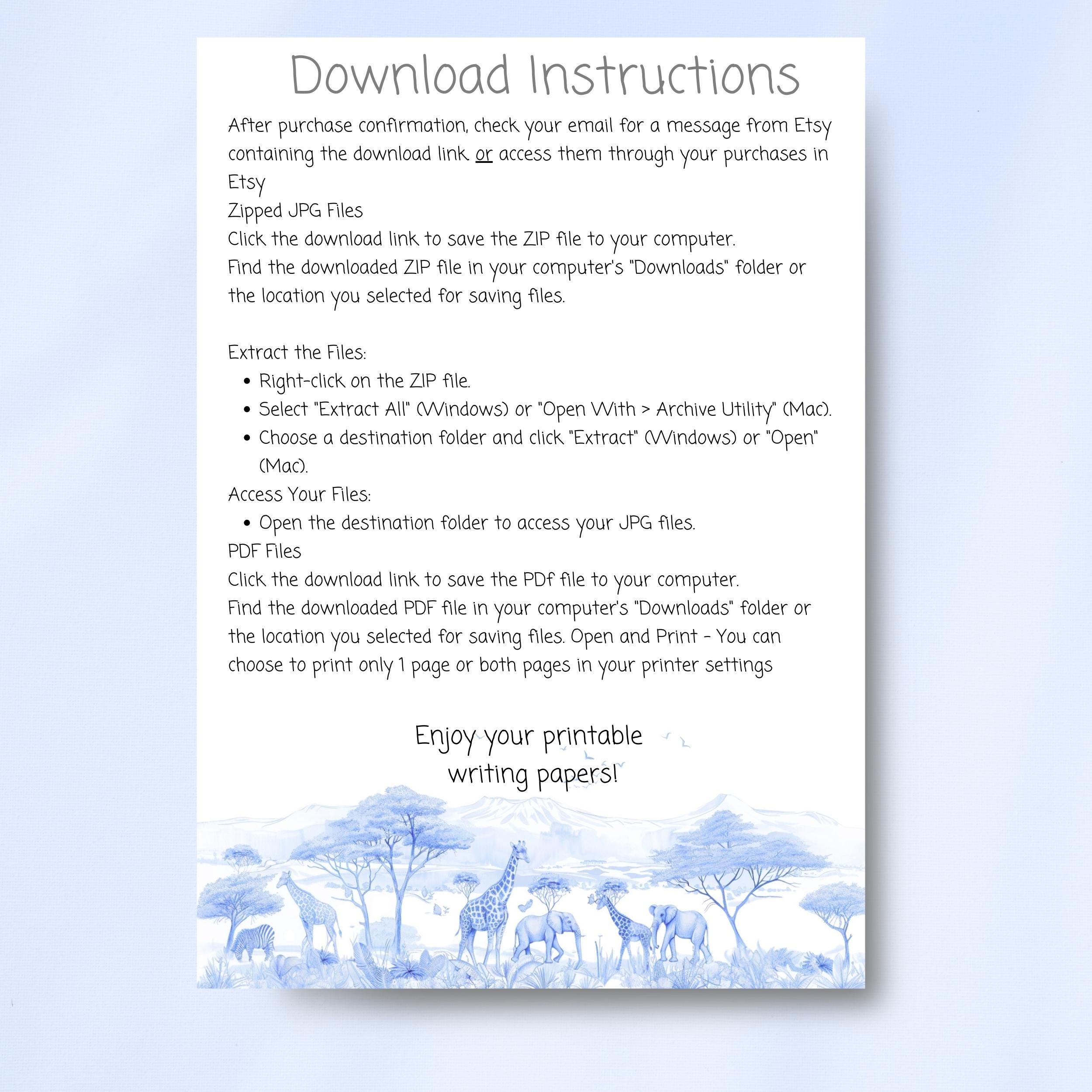 Printable Stationery Letter Writing Paper, African Safari Toile De Jouy ...